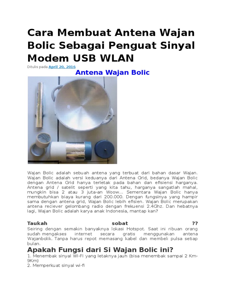 Cara Membuat Antena Wajan Bolic Sebagai Penguat Sinyal Modem USB | PDF ...