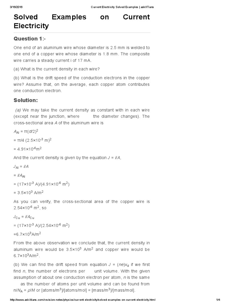 Current Electricity Solved Examples - AskIITians | PDF | Mole (Unit ...