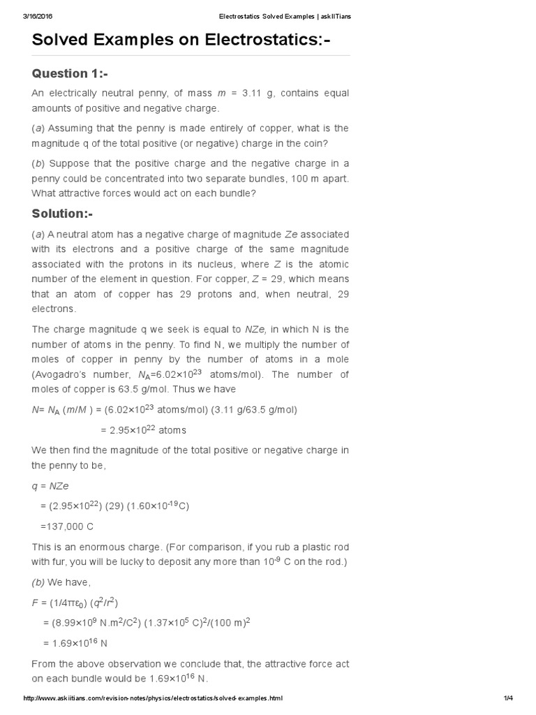 Electrostatics Solved Examples - AskIITians | PDF | Mole (Unit) | Ion