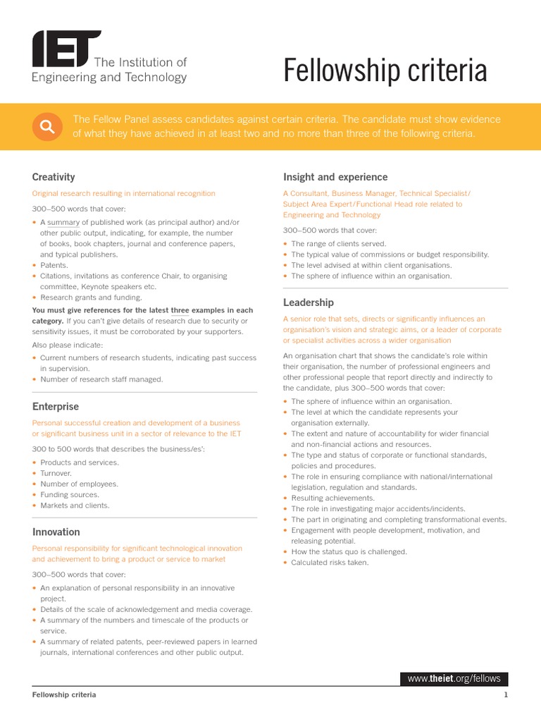 IET Fellowship Application Criteria | PDF | Fellow | Business