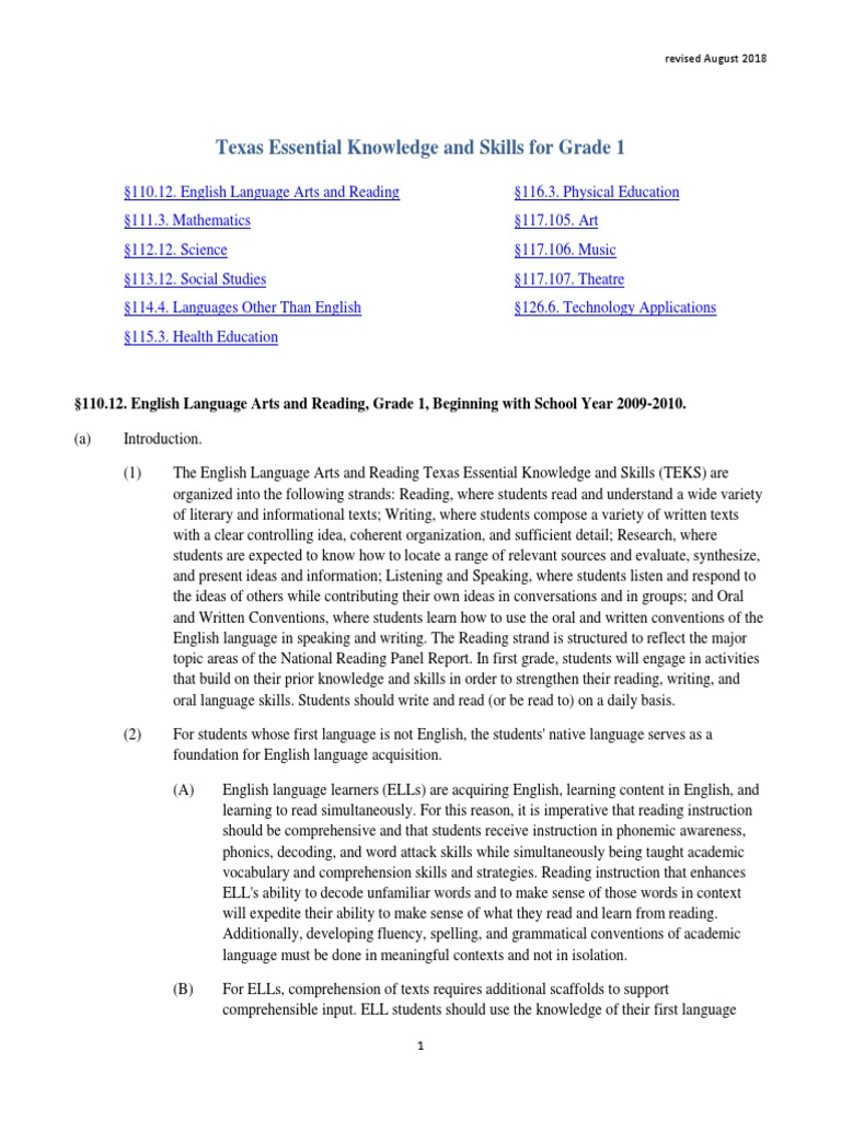 Texas Essential Knowledge and Skills For Grade 1 | PDF | Reading ...