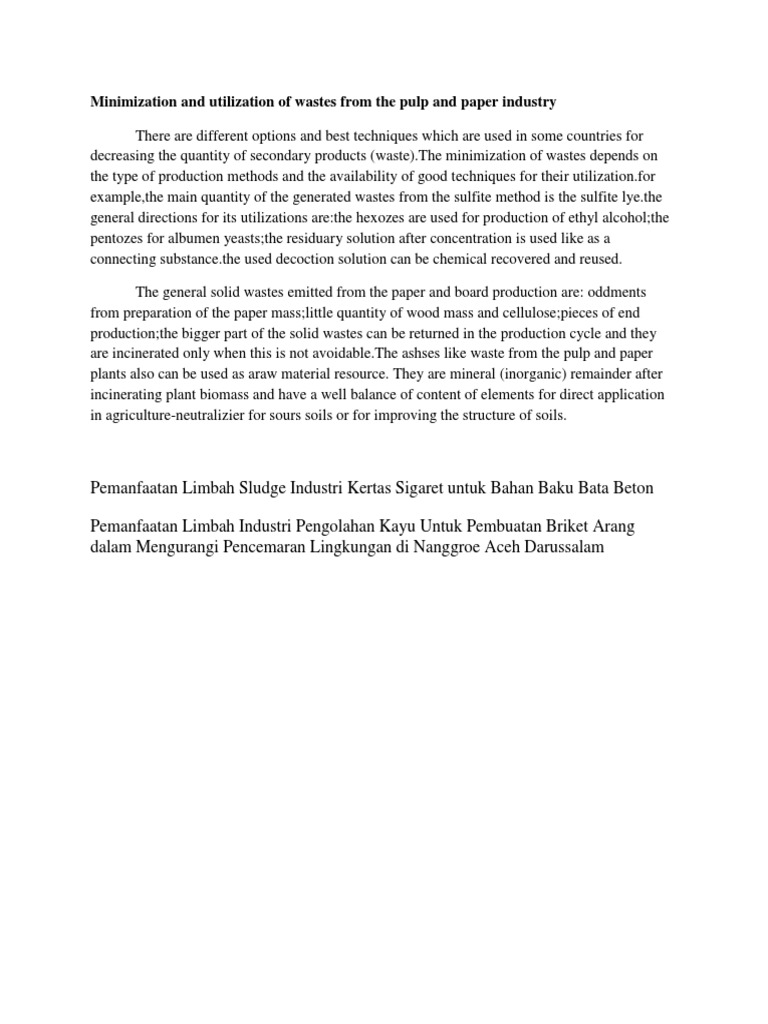 Minimization and Utilization of Wastes From The Pulp and Paper Industry ...