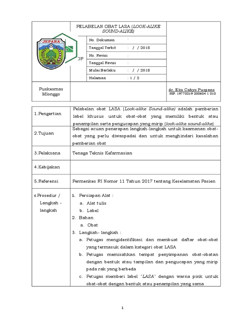 SOP Pelabelan Obat LASA | PDF