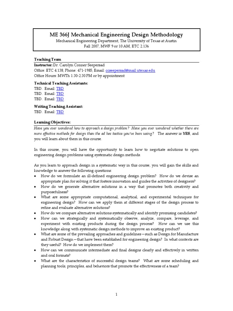 ME 366J Mechanical Engineering Design Methodology: Teaching Team ...