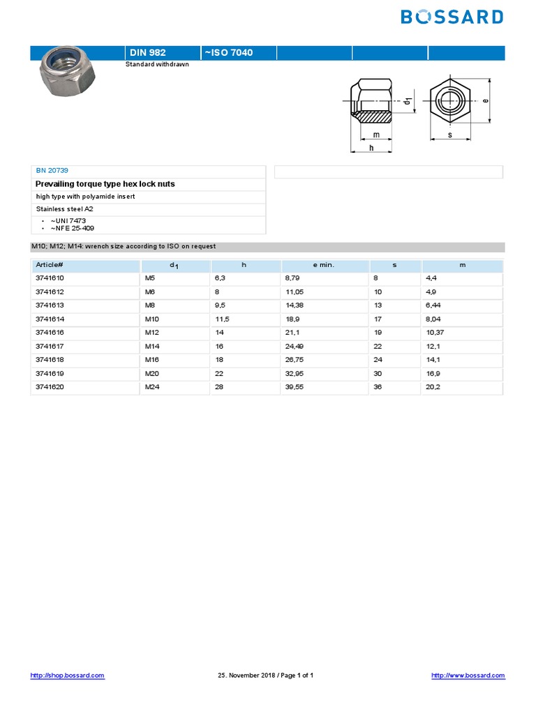 Technical Specifications and Dimensions for Stainless Steel Prevailing ...