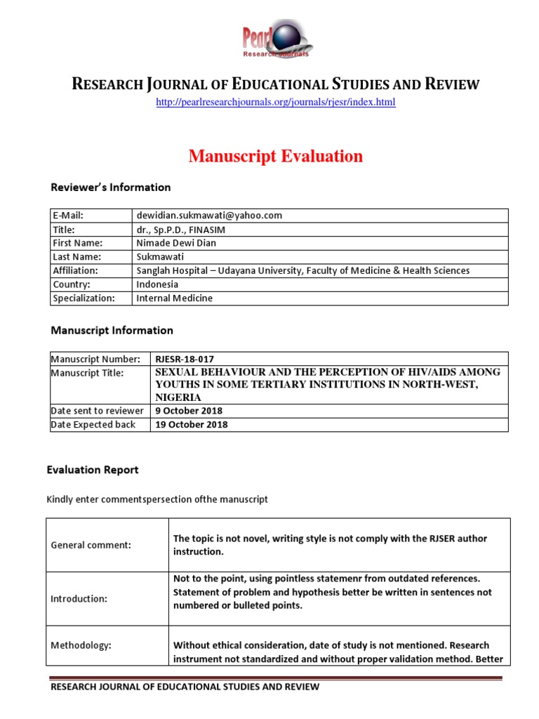 R J E S R: Manuscript Evaluation | PDF | Academic Journal | Hypothesis