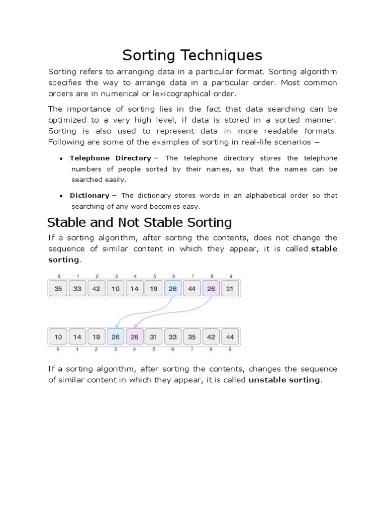 Sorting Techniques: Stable and Not Stable Sorting | PDF | Theoretical ...