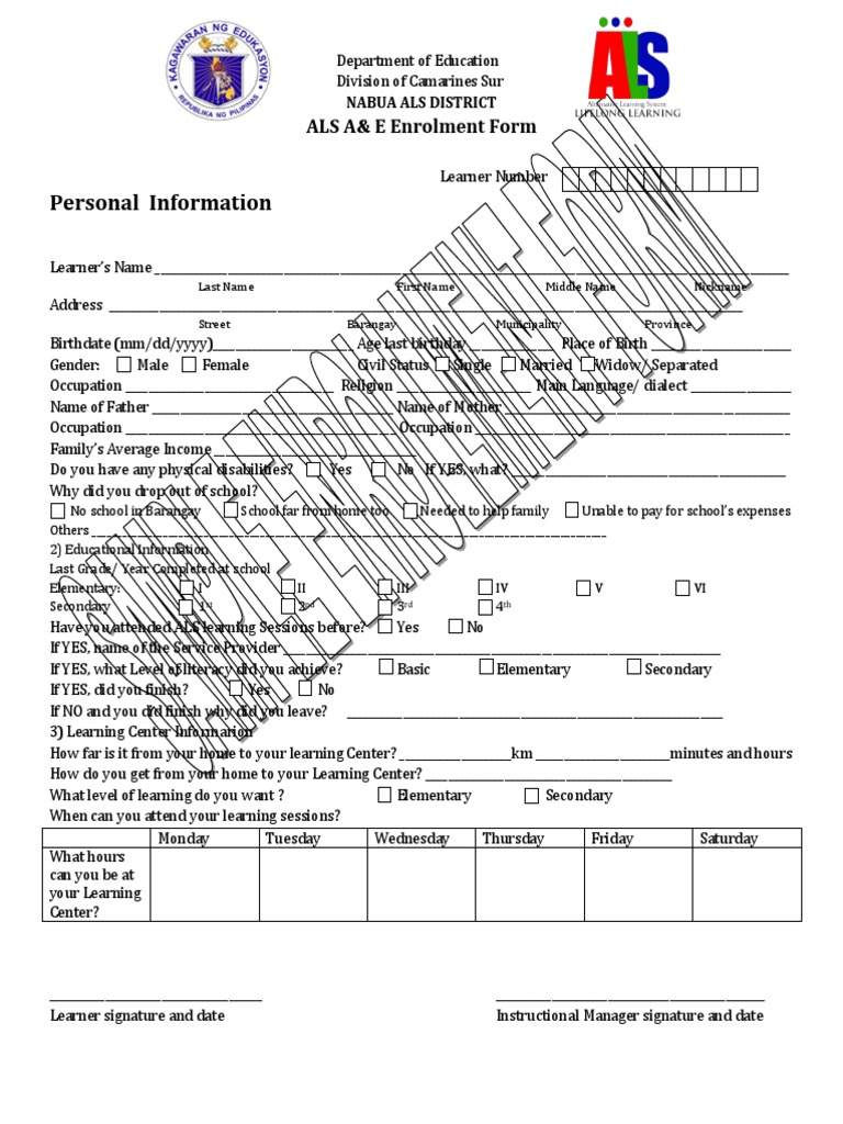 ALS Enrolment Form | PDF | Primary Education | Behavior Modification