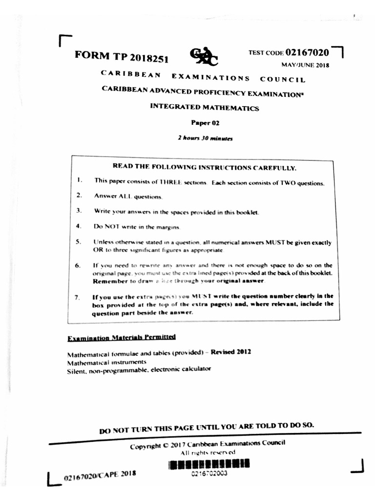 CXC:CAPE Integrated Mathematics Past Paper 2018 | PDF