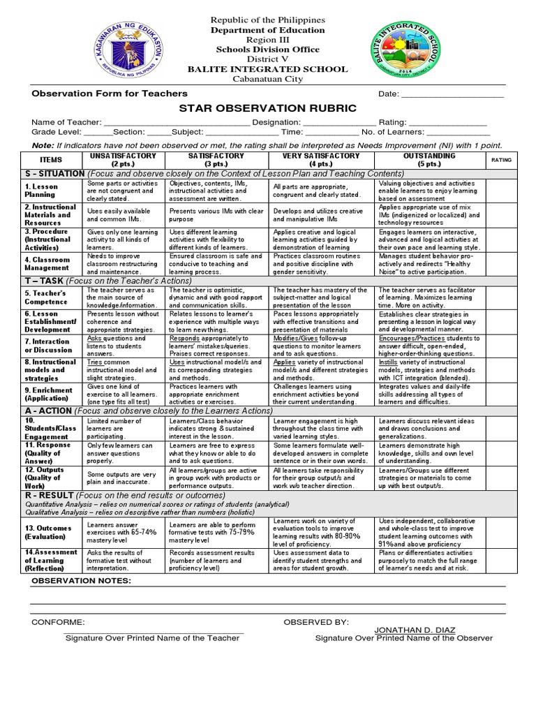 Star Observation Rubric: (Focus and Observe Closely On The Context of ...