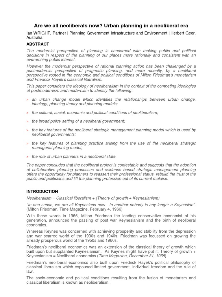 Are We All Neoliberals Now? Urban Planning in A Neoliberal Era | PDF ...