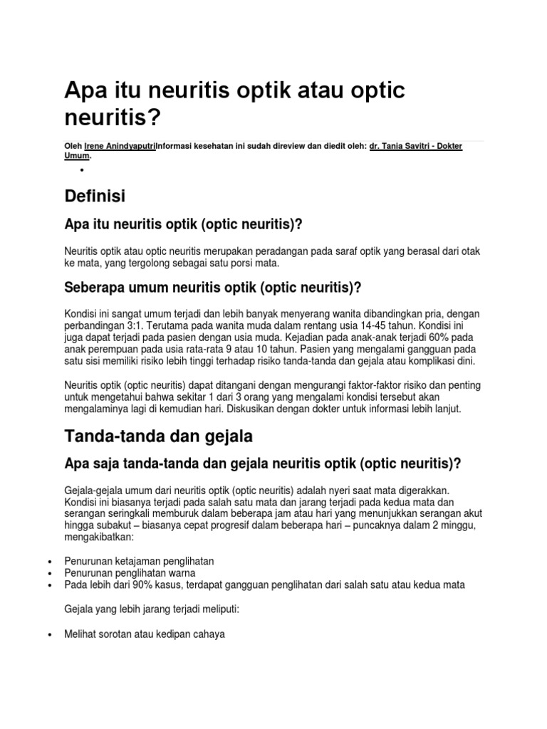 Apa Itu Neuritis Optik Atau Optic Neuritis | PDF