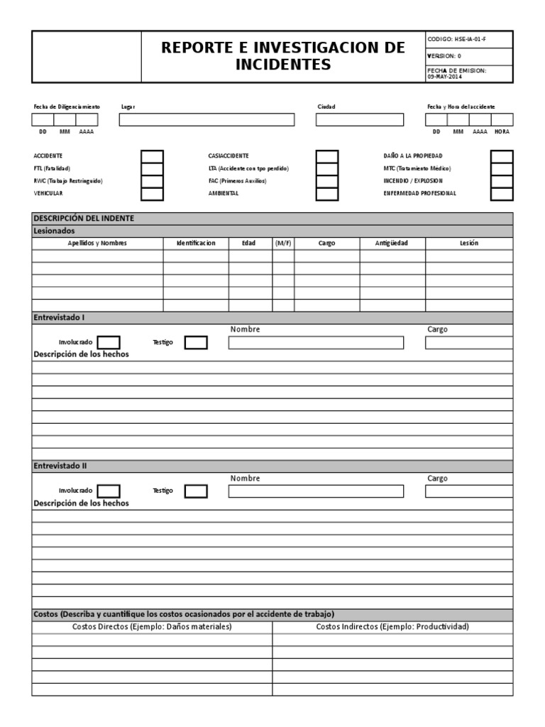 Formato de Reporte e Investigación de Incidentes y accidentes | Bienestar