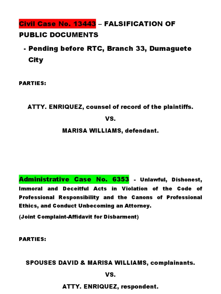 Civil Case No. 13443 - FALSIFICATION OF Public Documents - Pending ...