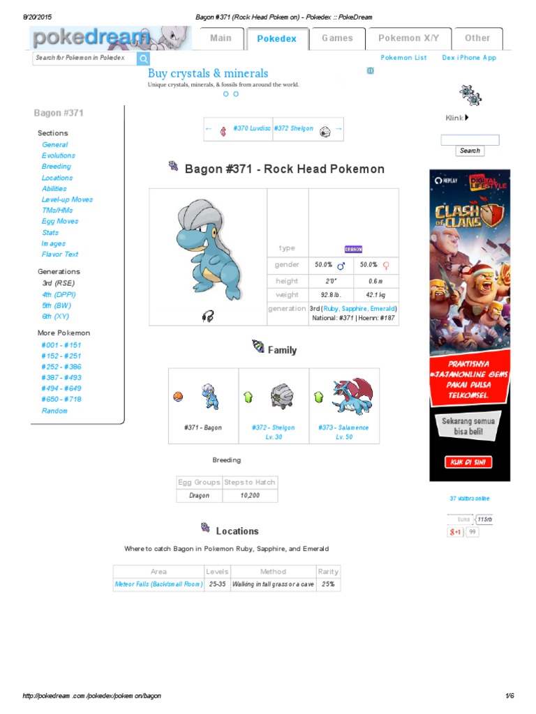 Bagon #371 (Rock Head Pokemon) - Pokedex - PokeDream PDF | PDF | Works ...