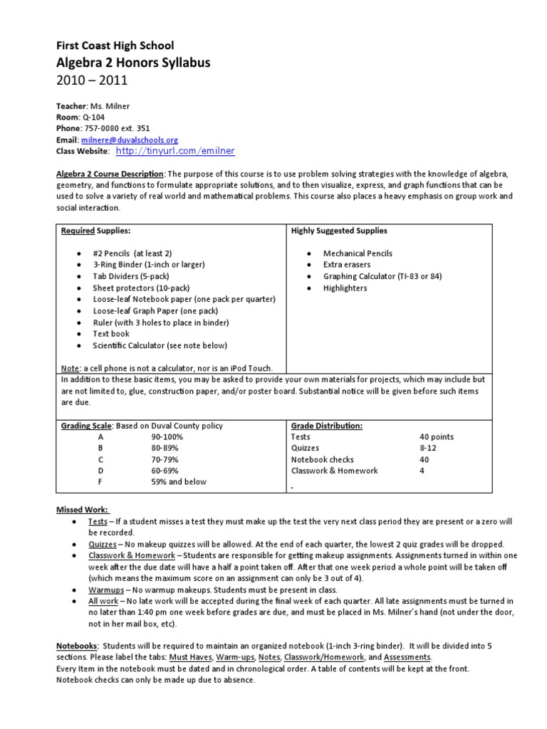 Algebra II Syllabus | PDF | Algebra | Homework