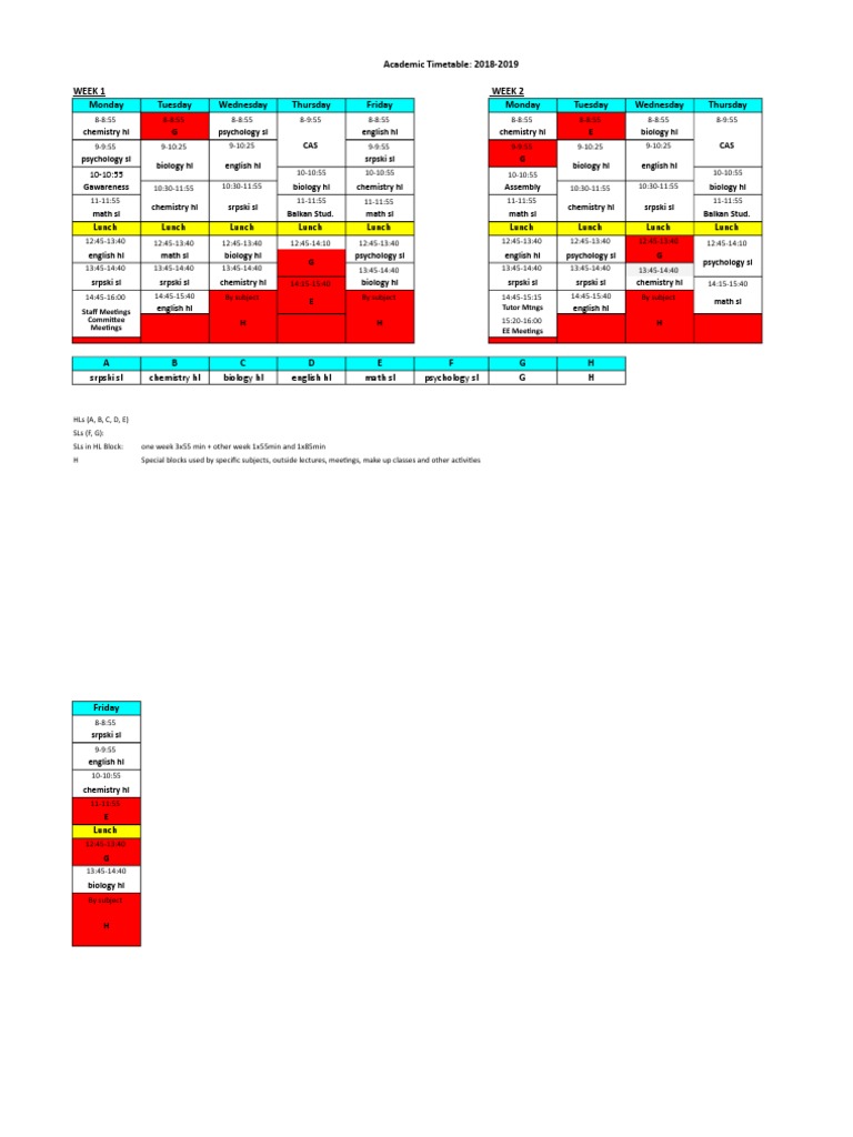 Academic Timetable: 2018-2019 Week 1 Week 2 Monday Tuesday Wednesday ...