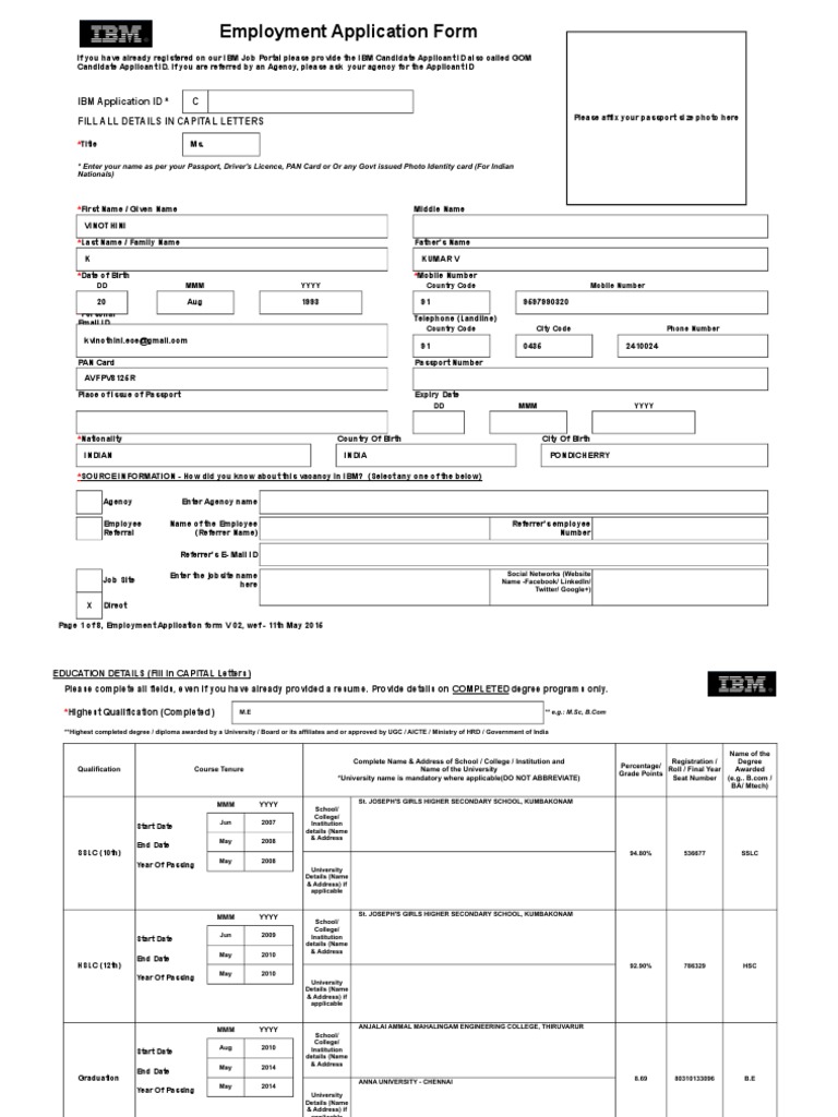 IBM Employment Application Form | PDF | Employment | College
