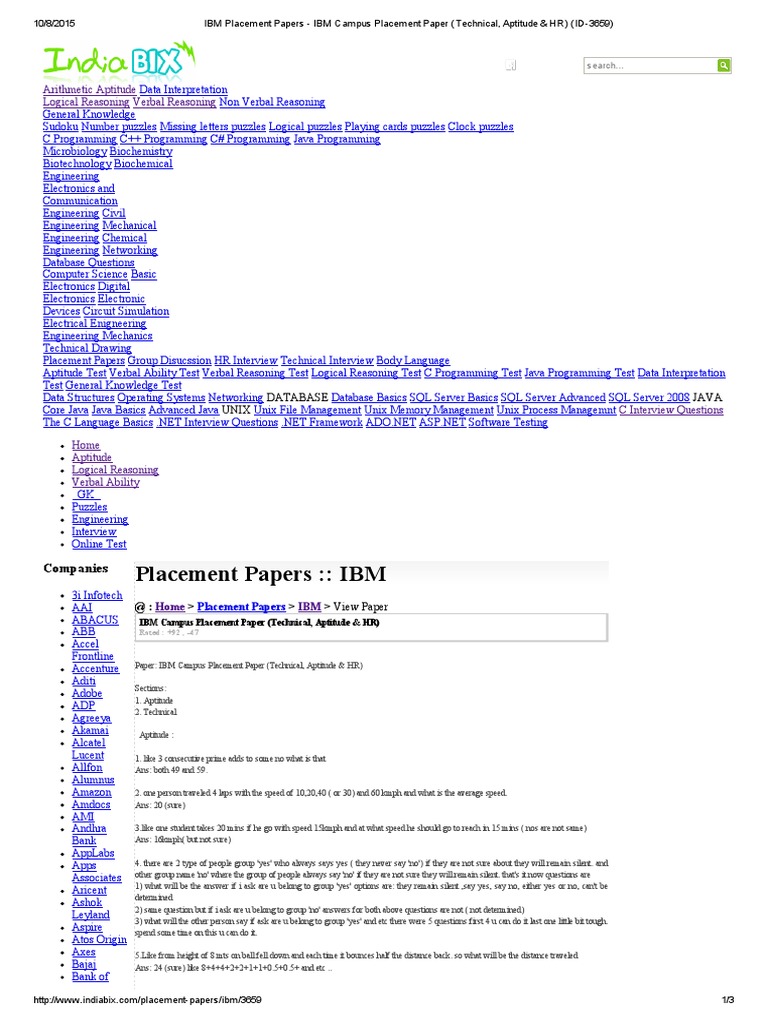 IBM Placement Papers - IBM Campus Placement Paper (Technical, Aptitude & HR) (ID-3659) | PDF ...