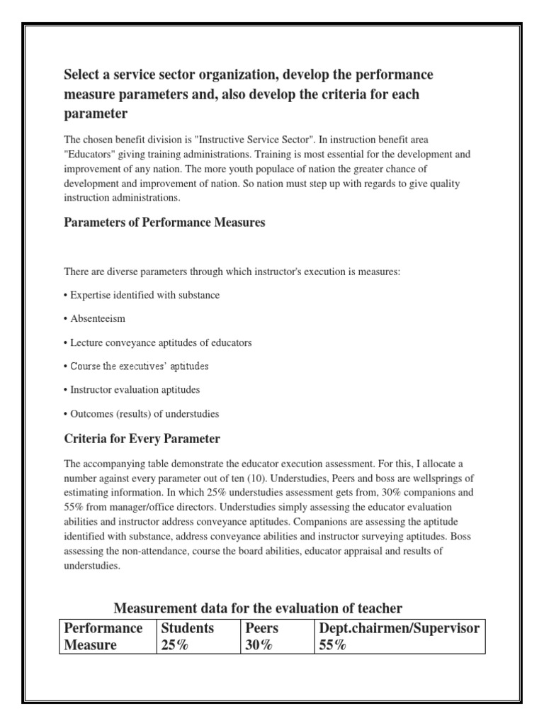 Select A Service Sector Organization, Develop The Performance Measure ...