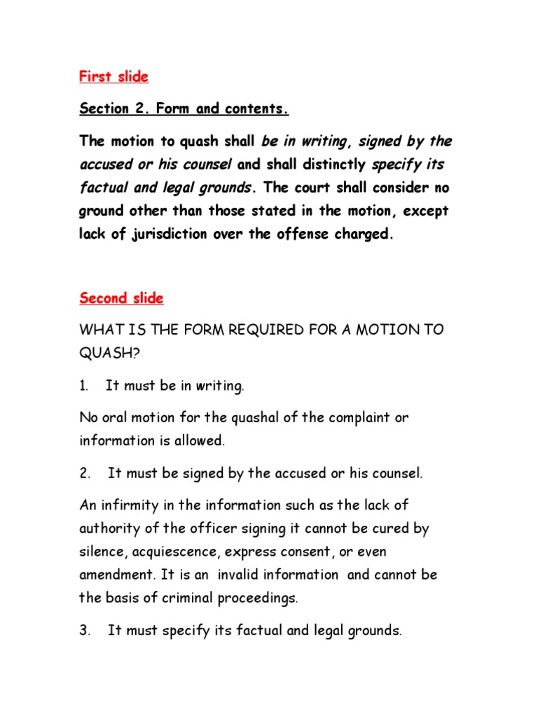 Requirements for a Motion to Quash | PDF | Demurrer | Criminal Law