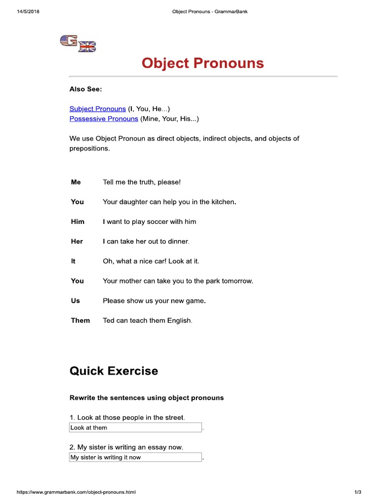 Object Pronouns - GrammarBank | PDF