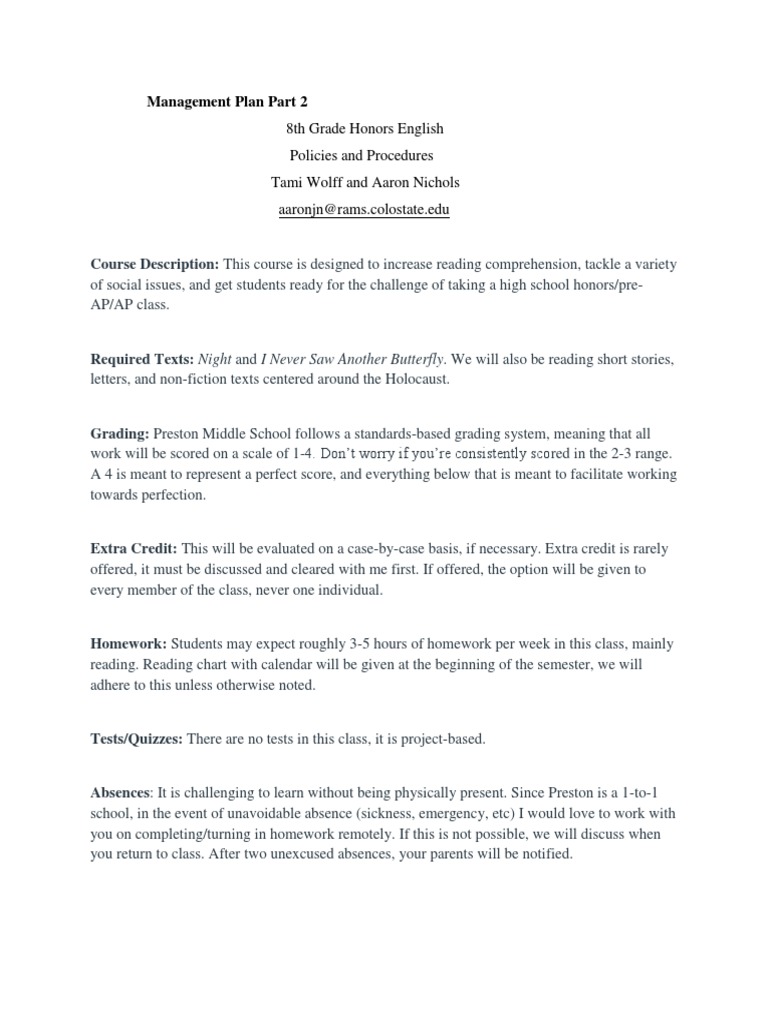 Management Plan Part 2 8th Grade Honors English Policies and Procedures ...