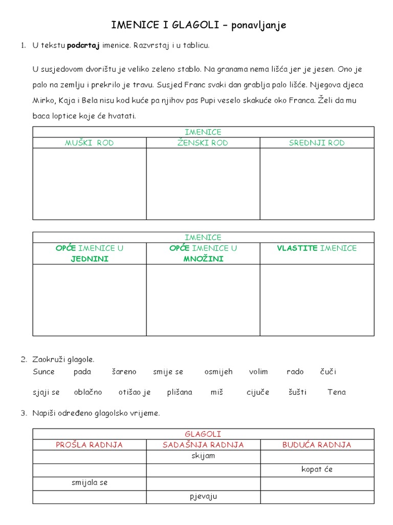IMENICE I GLAGOLI - Listić | PDF