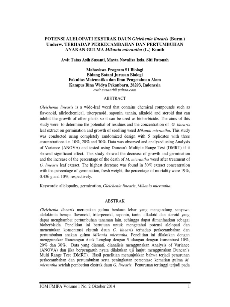 POTENSI ALELOPATI EKSTRAK DAUN Gleichenia Linearis (Burm.) Underw ...