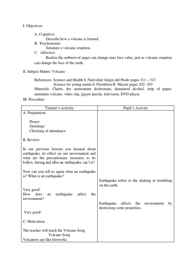 Lesson Plan Volcano | PDF | Lava | Volcano