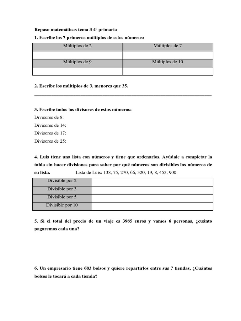 Repaso Matemáticas Tema 3 4º Primaria | PDF