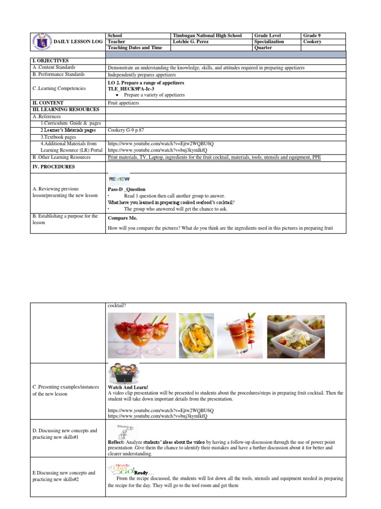 LO 2. Prepare A Range of Appetizers - Fruit Cocktail | PDF | Curriculum ...