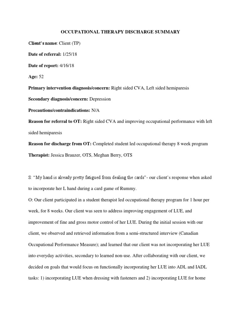 Occupational Therapy Discharge Summary | PDF | Occupational Therapy ...