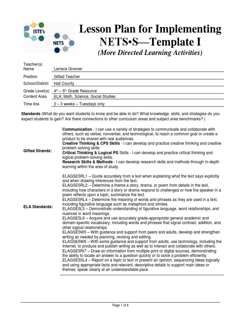 Lesson Plan For Implementing NETS - S-Template I: (More Directed ...