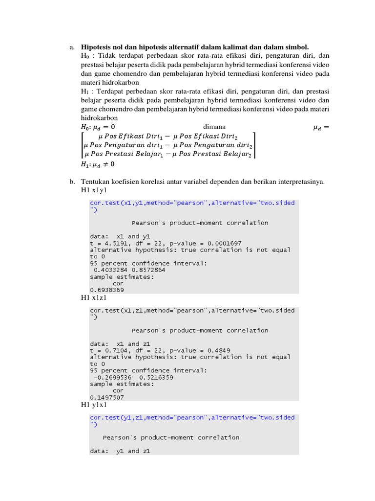 Cor - Test (x1, Y1, Method "Pearson",alternative "Two - Sided ") | PDF