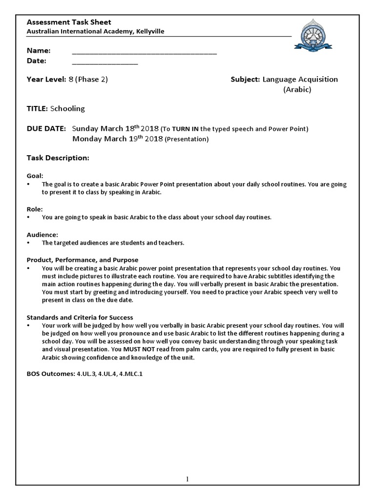 Assessment Task Sheet: Australian International Academy, Kellyville ...
