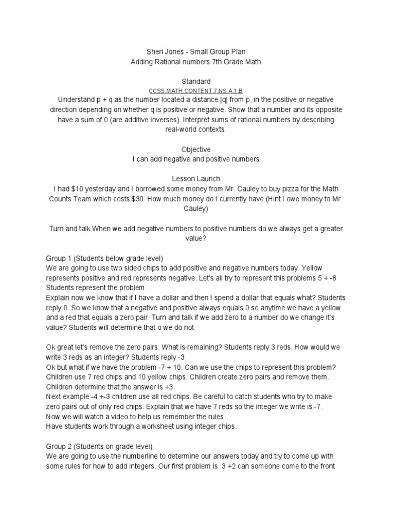 Lesson Plan Rational Numbers Differentiated | PDF | Numbers | Subtraction
