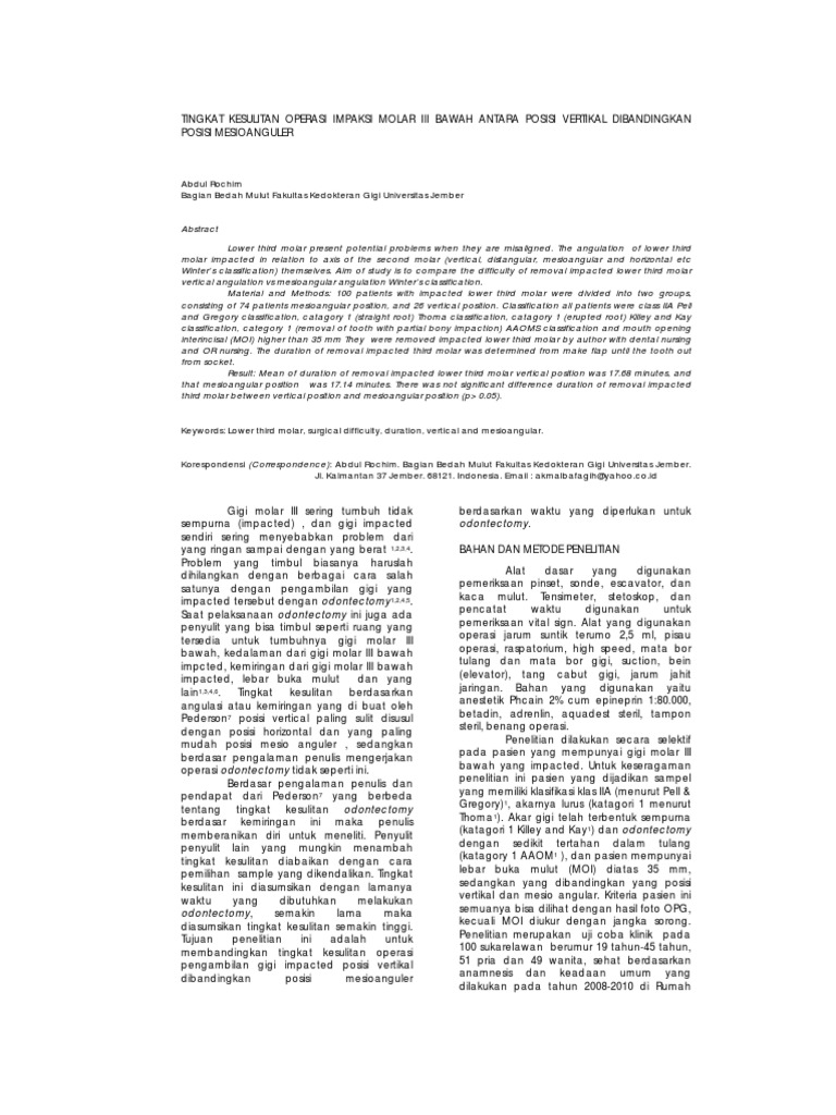 Tingkat Kesulitan Operasi Impaksi Molar Iii Bawah Antara Posisi ...