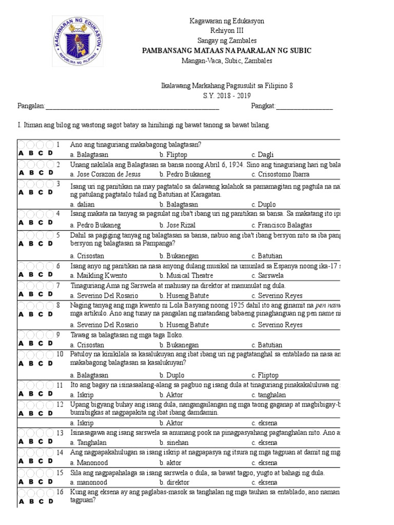 Exam Grade 8 Filipino 2nd | PDF