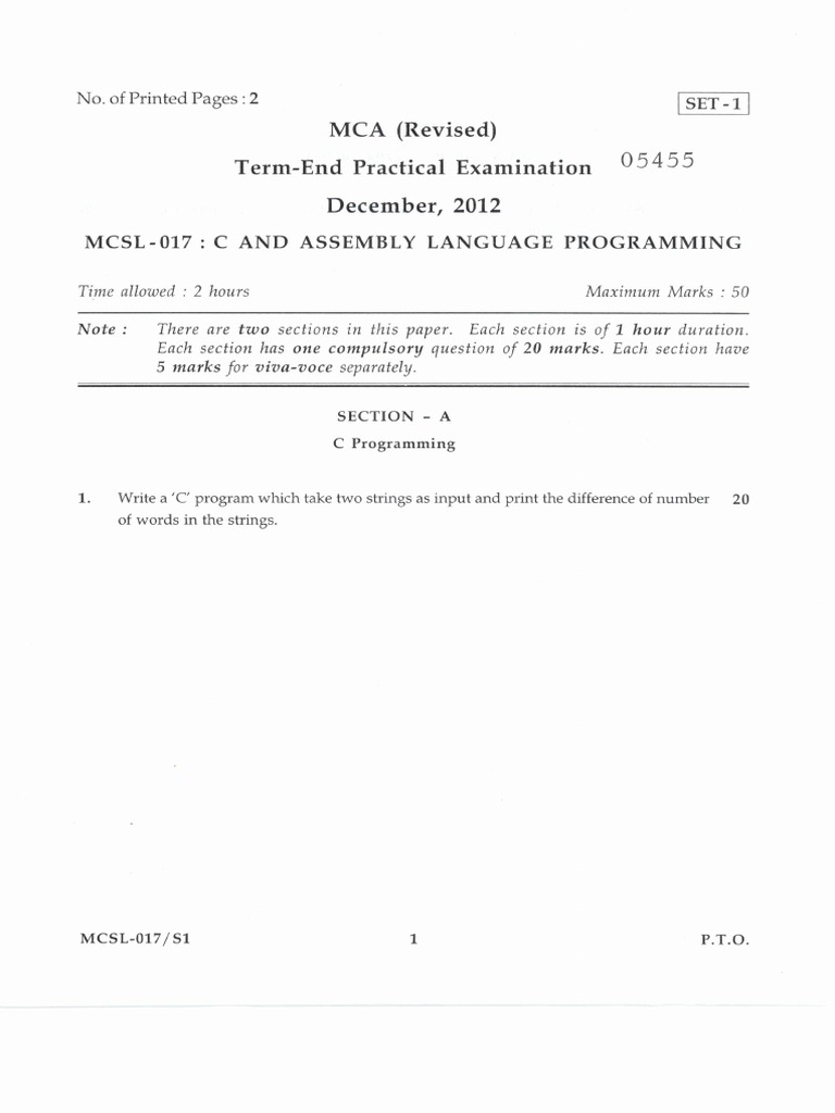 MCA (Revised) Term-End Practical Examination December, 2012: No. of Printed Pages: 2 SET - 1 ...