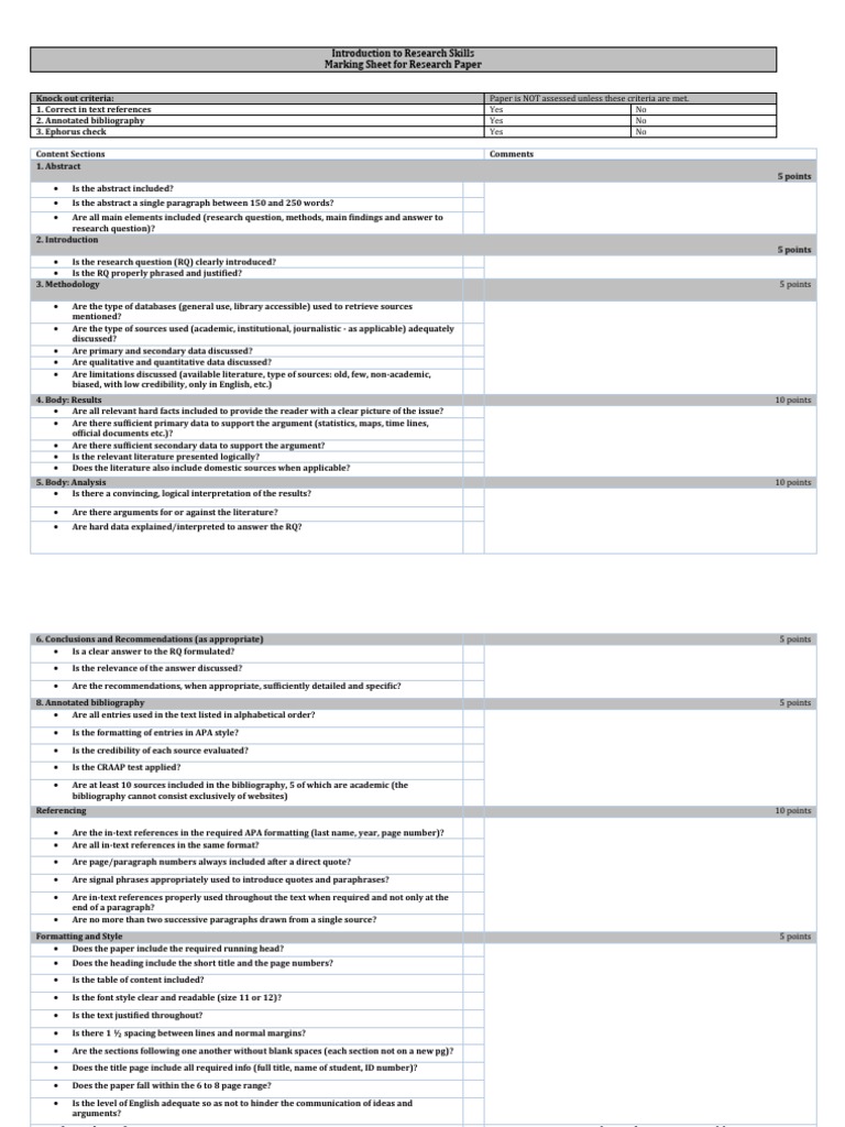 Intro To Research Skills Marking Sheet Small | PDF | Abstract (Summary ...