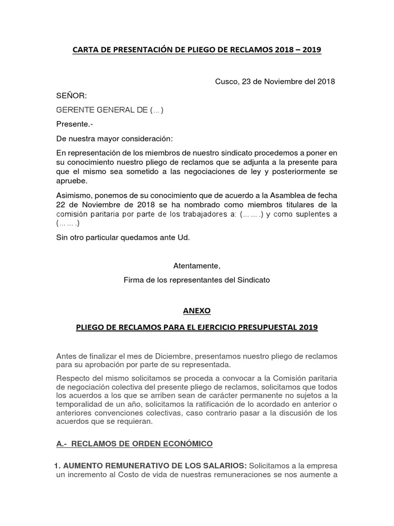 Carta de Presentación de Pliego de Reclamos 2018 | PDF | Salario | Seguro