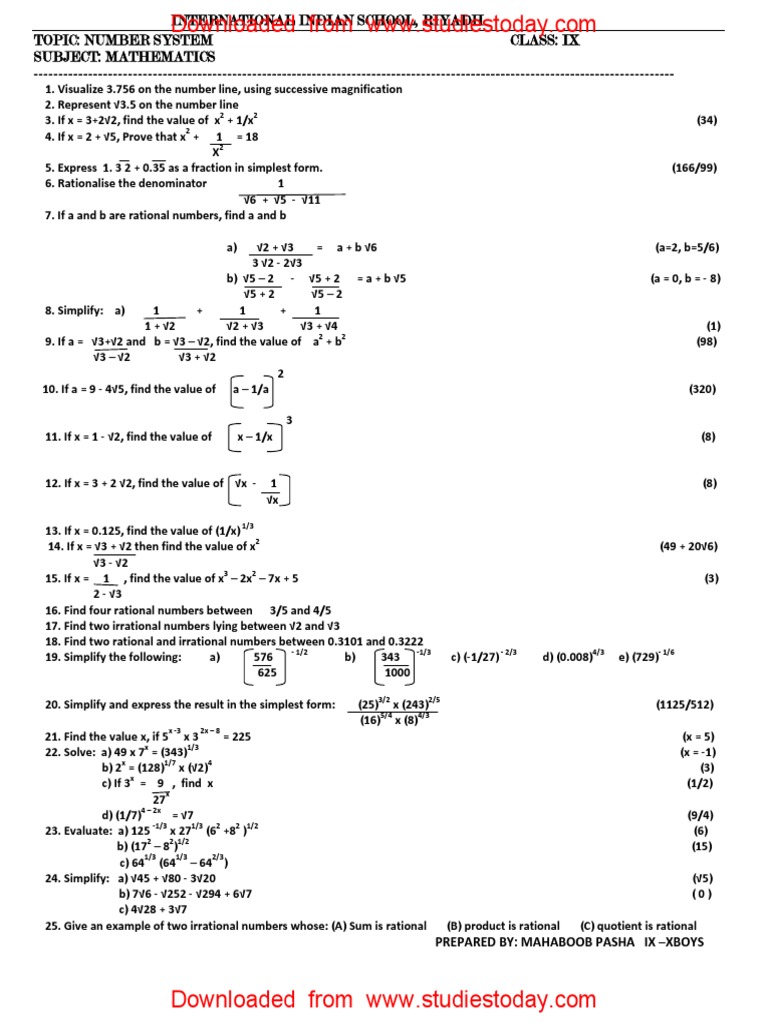 CBSE Class 9 Mathematics Worksheet - Number System | PDF | Rational ...