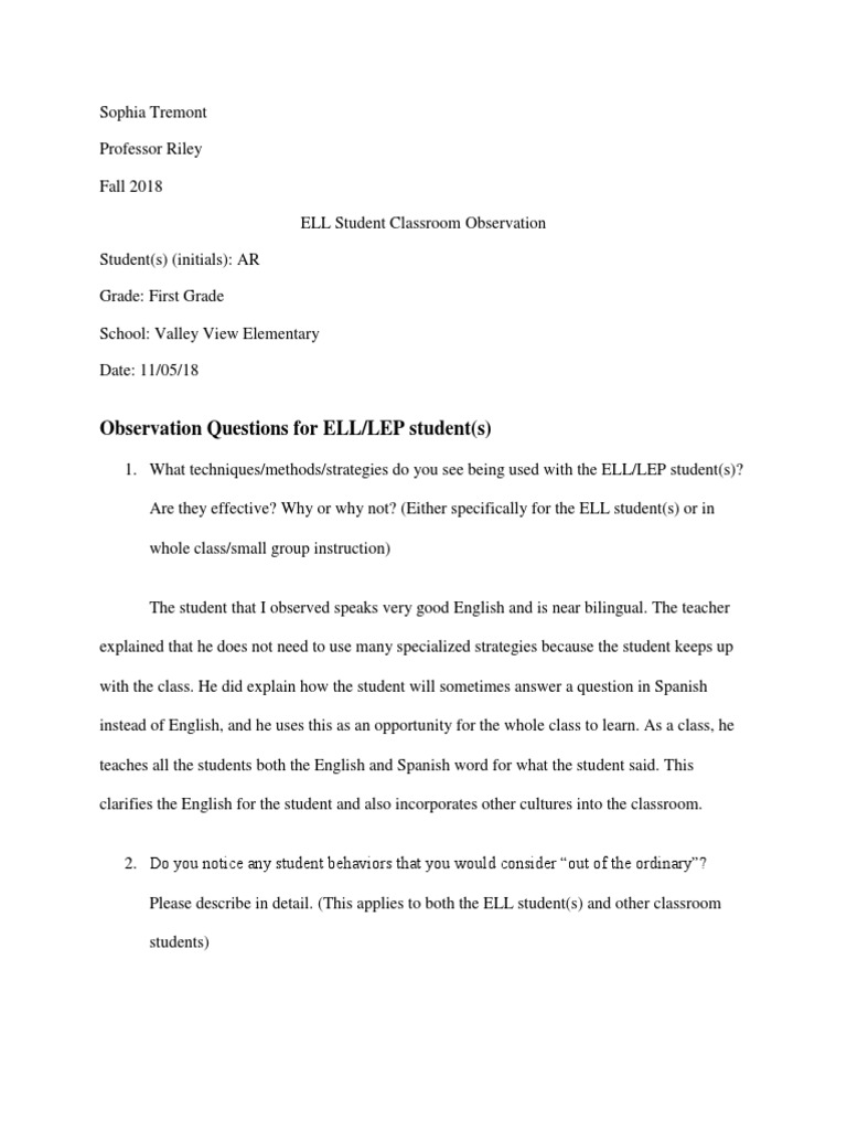 Observation Questions For ELL/LEP Student(s) | PDF | Classroom ...