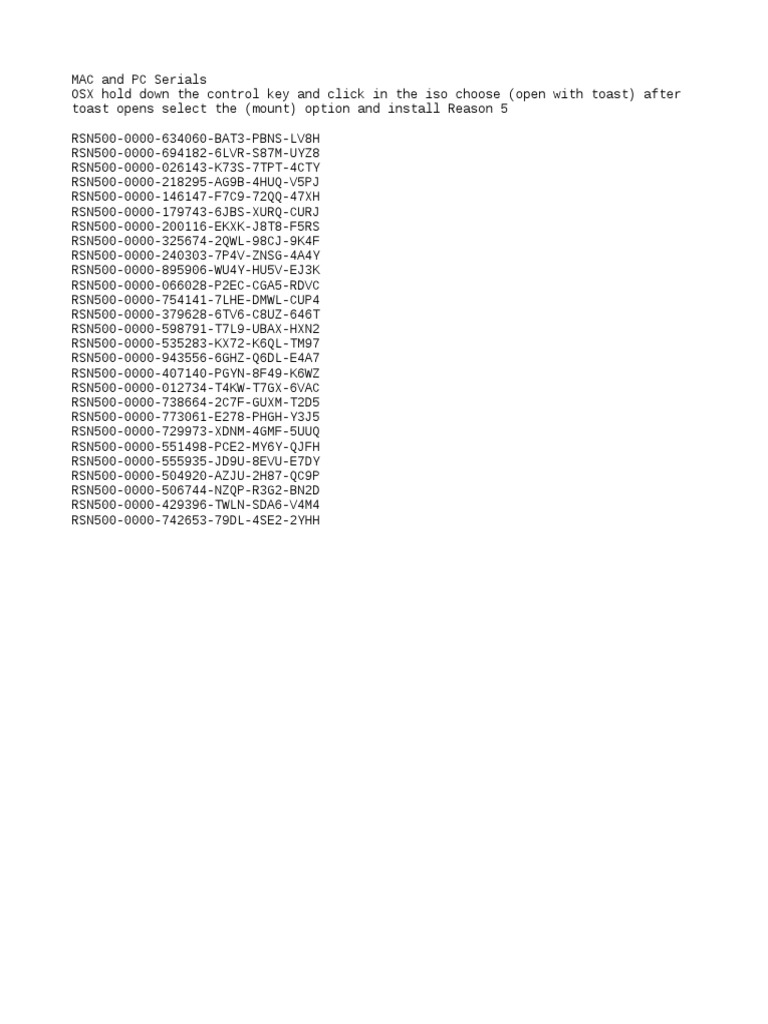 Installation instructions and serial numbers for Reason 5 digital audio ...