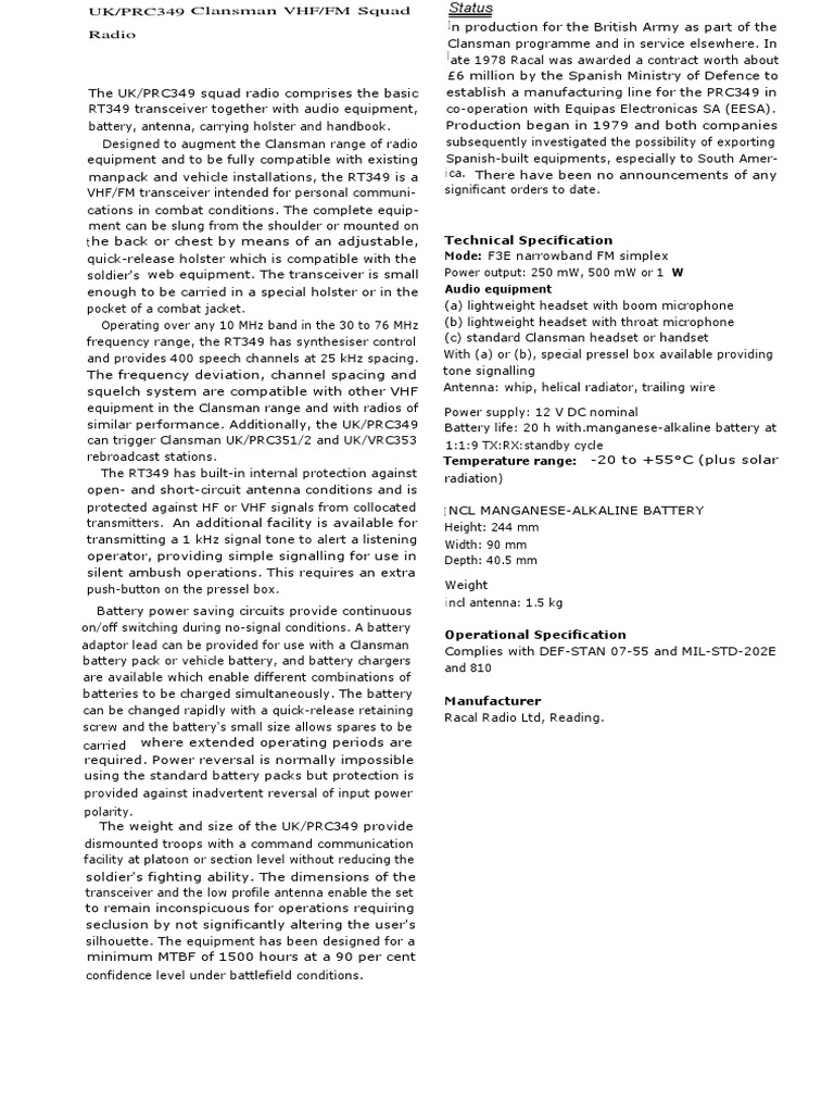 PRC 349 Specs PDF | PDF | Radio | Telecommunications Engineering