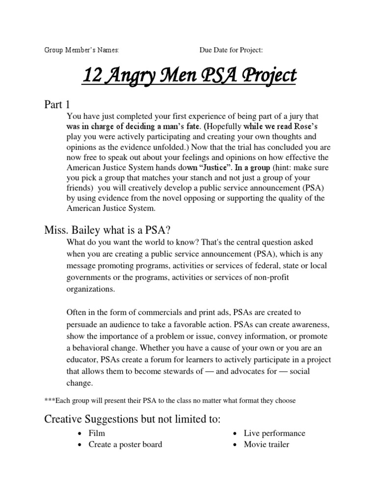 12 Angry Men Psa Project and Rubric | PDF | Attention | Social Group