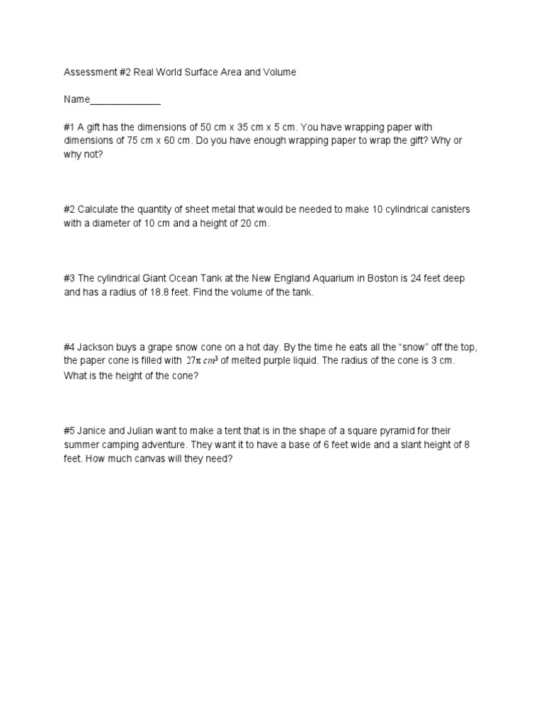 Assessment 2 Surface Area Volume | PDF | Volume | Area
