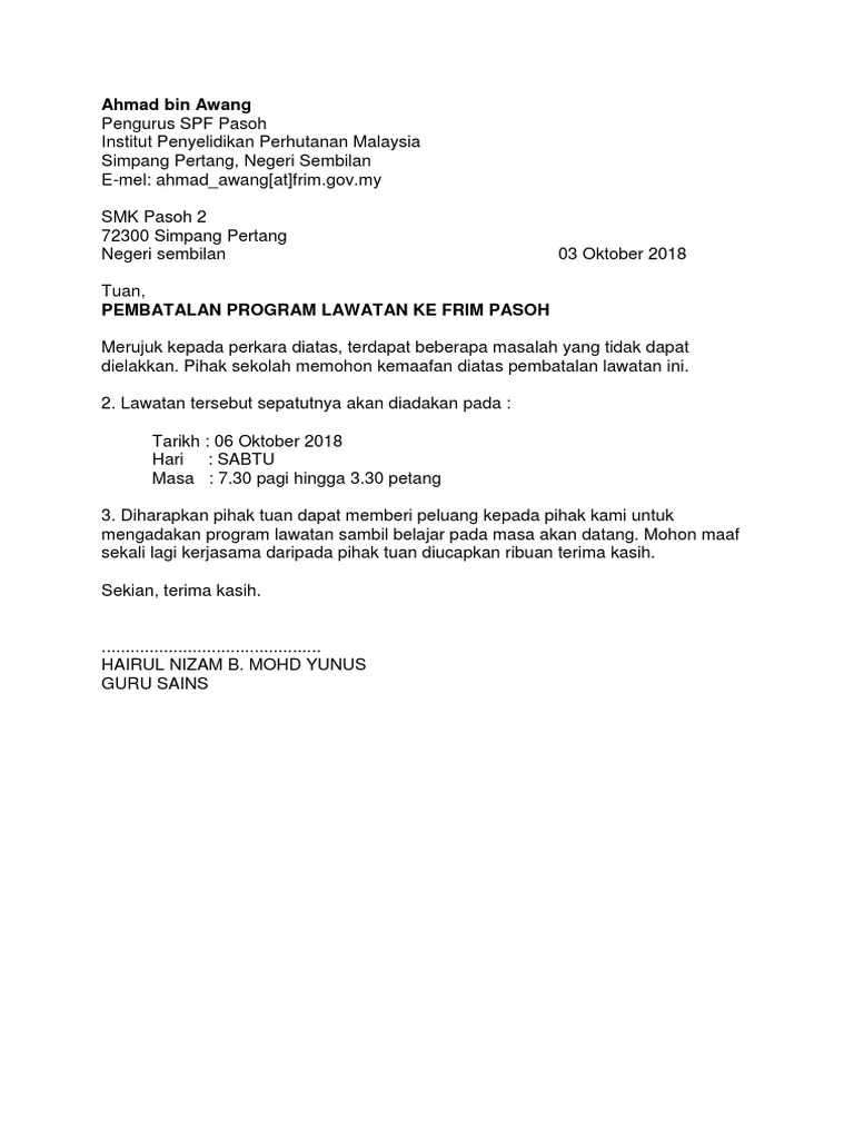 Surat Pembatalan Lawatan | PDF