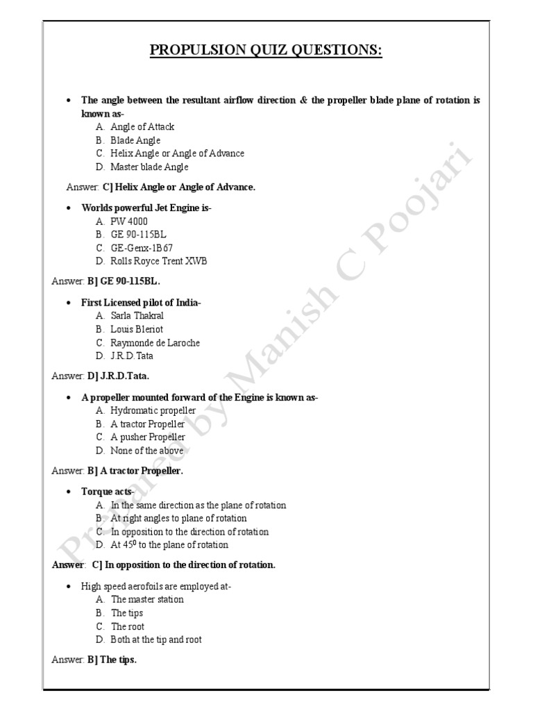Propulsion Quiz Questions | PDF | Propeller | Turbine
